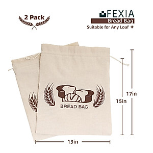 FEXIA 2 Pack Bread Bags for Homemade Bread Sourdough Organic Linen Sourdough Bread Bags 17" x 13" XL Reusable Linen Bread Bags Sourdough Bread Baking Supplies Bread Storage Housewarming Gift