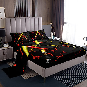 Lightsaber Bed Sheets Kids Twin Size Geometric Honeycomb Hexagon Bedding Set 3Pcs for Boys Girls Adult Bedroom Decor Neon Colorful Red Yellow Sheet Set 3D Black Fitted + Flat Sheet,1 Pillowcase