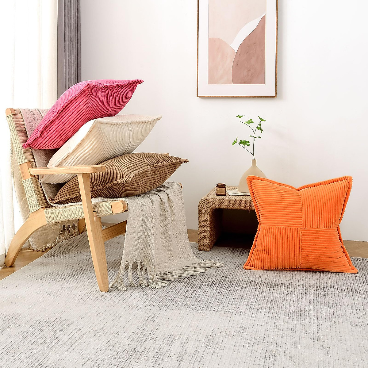 HAUSSY Red Large Decorative Throw Pillow Covers 26x26 Inch Set of 2,Soft Solid Corduroy Striped Cushion Case,Square Euro Pillow Shams,Winter Home Decorations for Couch,Bed