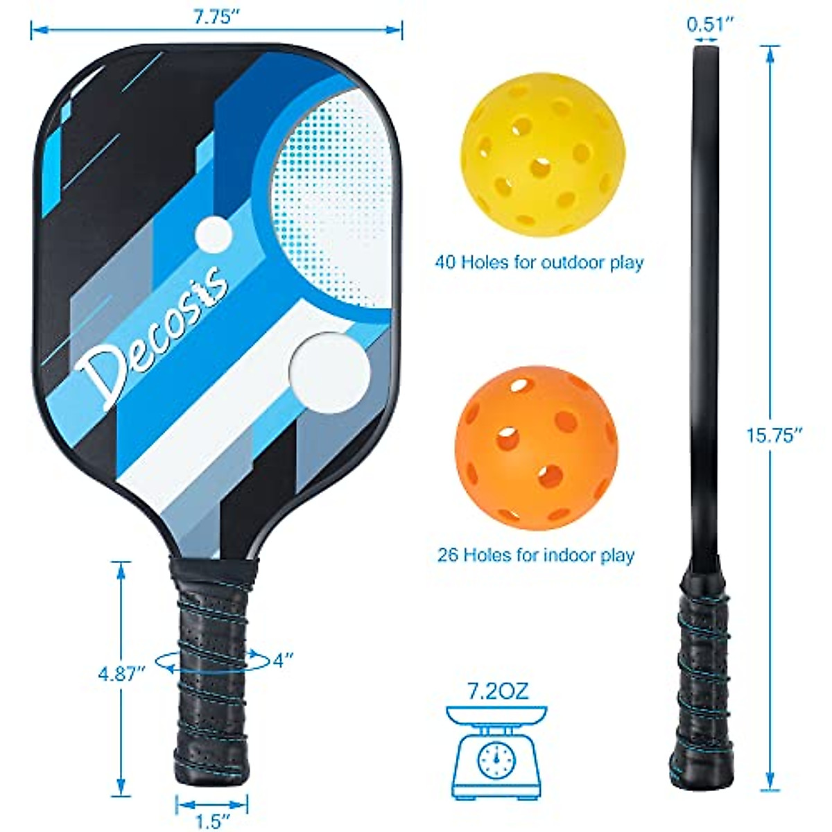 Decosis Pickleball Paddles Set of 2, USAPA Approved Pickleball Set, Lightweight Fiberglass Surface Pickleball Raquettes with 2 Indoors & 2 Outdoors Balls, Portable Carry Bag, Gifts for Men & Women