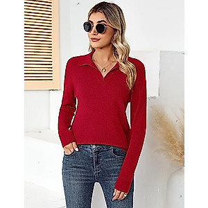 Romanstii Collared Sweaters for Women Knitted Long Sleeve V Neck Fitted Polo Shirts Trendy Winter Pullover Tops,Red,M