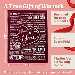 I Love You Blankets for her, with I Love You in Multiple Languages, Christmas Blanket, Gifts for Her Anniversary, I Love You Gifts for her,Mom I Love You Gifts 65"x50" (Sussy Red)