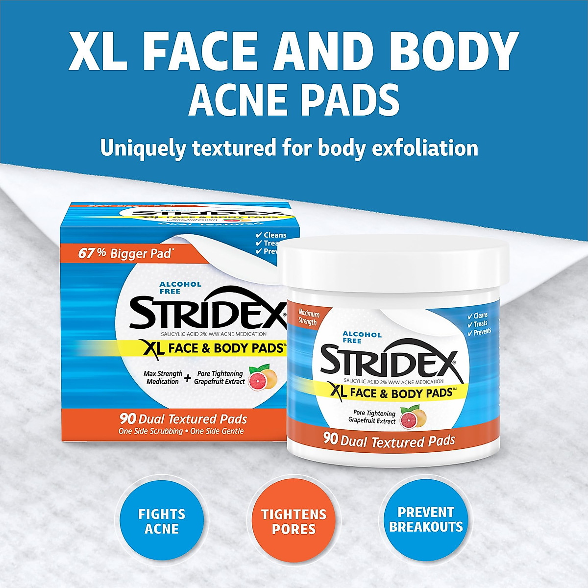 Stridex XL Face & Body Pads, 90 Count, Maximum Strength, Facial Cleansing Wipes, Alcohol-Free Face Pads, Acne Treatment for Face & Body, Dual Textured Pads, Smooth Application