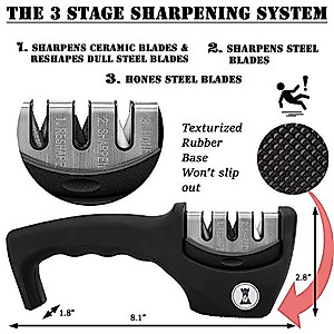 Knife Sharpeners for Steel and Ceramic Kitchen Knives - Manual Handheld System to Safely Sharpen and Hone your Knife - Includes Cut Resistant Glove and Blade Cloth (Black)