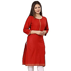 Chandrakala Women's Rayon Tunic Top Lace Work 3/4th Sleeve Straight Kurti Kurta,Large,Red (K217RED3)