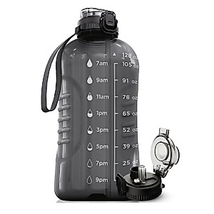 AQUAFIT 128 oz Water Bottle with Time Marker - 2in1 Straw & Chug Lid - BPA Free Big Water Bottle with Straw - Gym Water Bottle with Strap - Water Jug (128 Ounces, Gray)