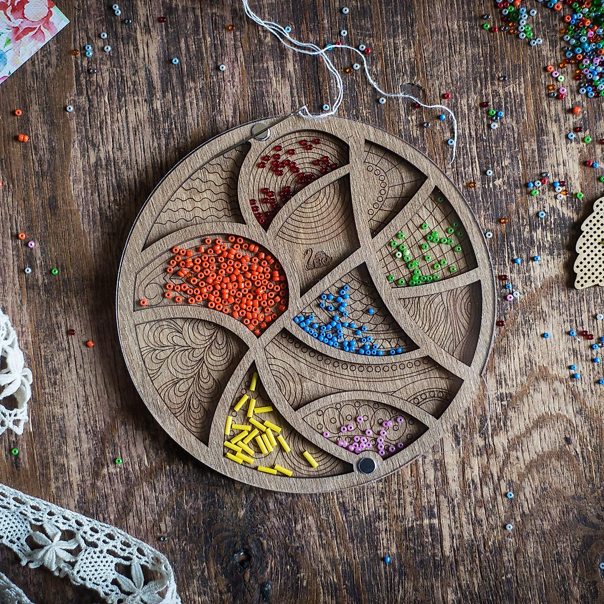 Lonjew Wooden Bead Tray Organizer, Beads Craft Organization, Beadwork Holder Container, Needle Magnet Keeper, Storage Boxes, Transparent Clear Tray, Beading Supply, Beading Solutions