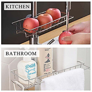 SooGree Kitchen Sink Organizer Over Faucet Sponge Holder,304 Stainless Steel Heavy Duty Thickening Hanging Faucet Drain Rack for Scrubbers Soap Bathroom,Detachable Storage Rack