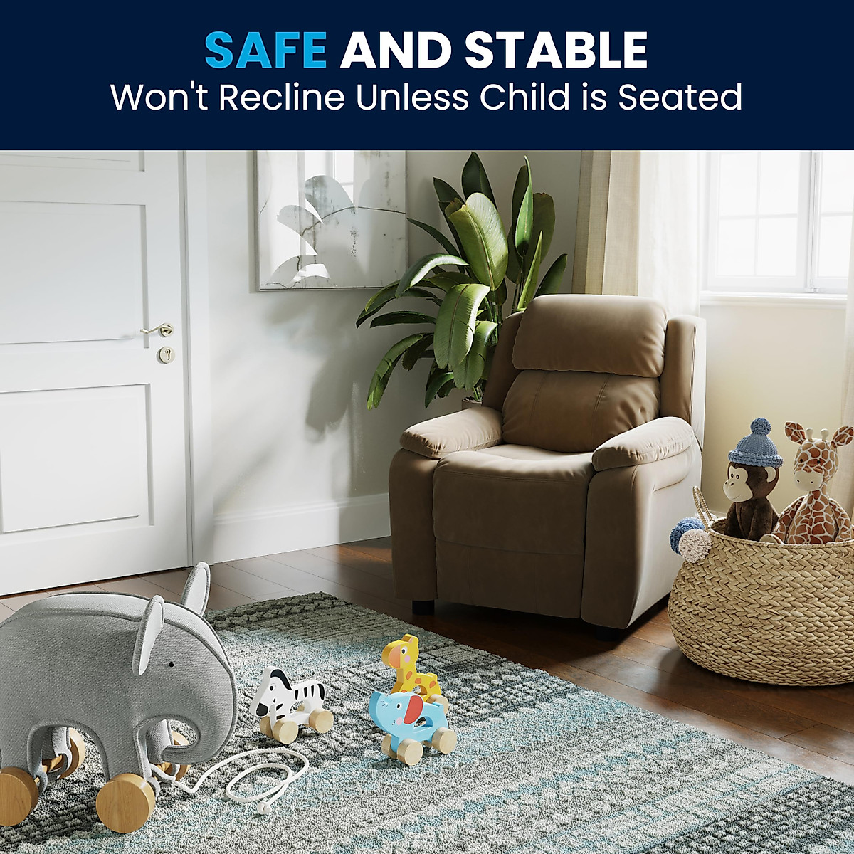 Flash Furniture Charlie Microfiber Kids Recliner with Flip-Up Storage Arms and Safety Recline, Contemporary Reclining Chair for Kids, Supports up to 90 lbs., Brown