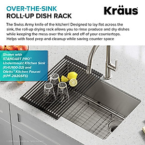 Kraus KHU100-32 Standart PRO 16 Gauge Undermount Single Bowl Stainless Steel Kitchen Sink, 32 Inch and KRAUS Multipurpose Over-Sink Roll-Up Dish Drying Rack, Colander and Trivet in Black, KRM-10BLACK