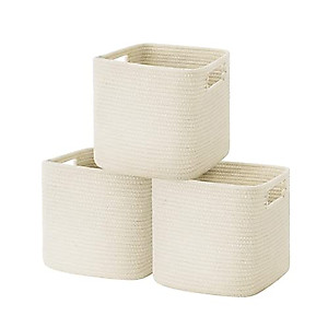 UBBCARE Set of 3 Cotton Rope Basket 11 X 10.5 X 10.5 Inches，Storage Baskets for Shelves, Woven Baskets for Organizing with Handles, Cube Storage Bins for Storage Books, Magazines, Toys, Beige