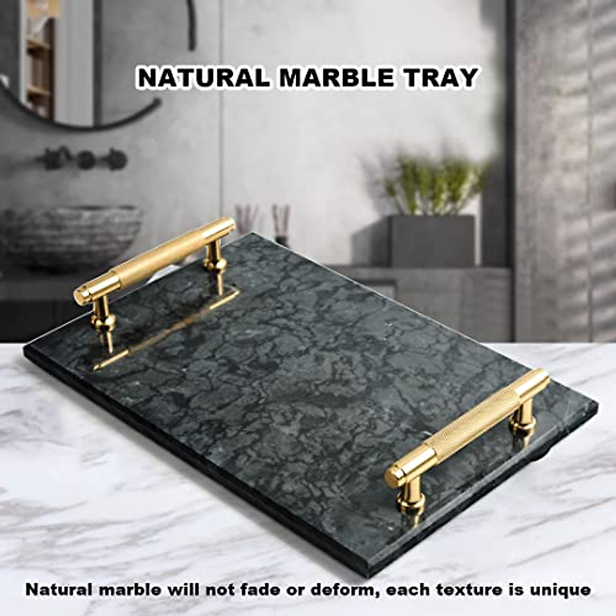 Kisspring Natural Marble Tray with Golden Embossed Handle,Stone Bathroom Tray, Decorative Tray with Metal Handle for Bathroom Kitchen Vanity Dresser Nightstand Desk, (White)