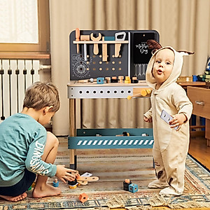 ROBUD Tool Bench Set for Toddlers Wooden Workbench Toy Workshop Construction Tools Bench Creative Pretend Play Toys Education Gift for Kid Boys Girls