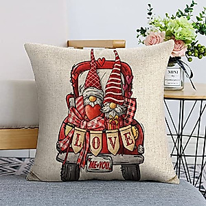 Love Gnomes Truck Throw Pillow Covers 18×18 Pillowcases Set of 2 Valentine's Day Cute Linen Decorative Square Pillow Case Cushion Covers Standard Size for Sofa Couch Outdoor Bed Pillow Protectors