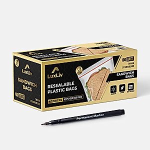 100 x LuxLiv ® Plastic Sandwich Bags & Pen – Premium Zip Food Bags – Lunch Bags Ziplock Bags Closure – 100 Snack Bags – 7 x 8-inch Freezer Bags – Non-BPA Plastic – Reusable Bags