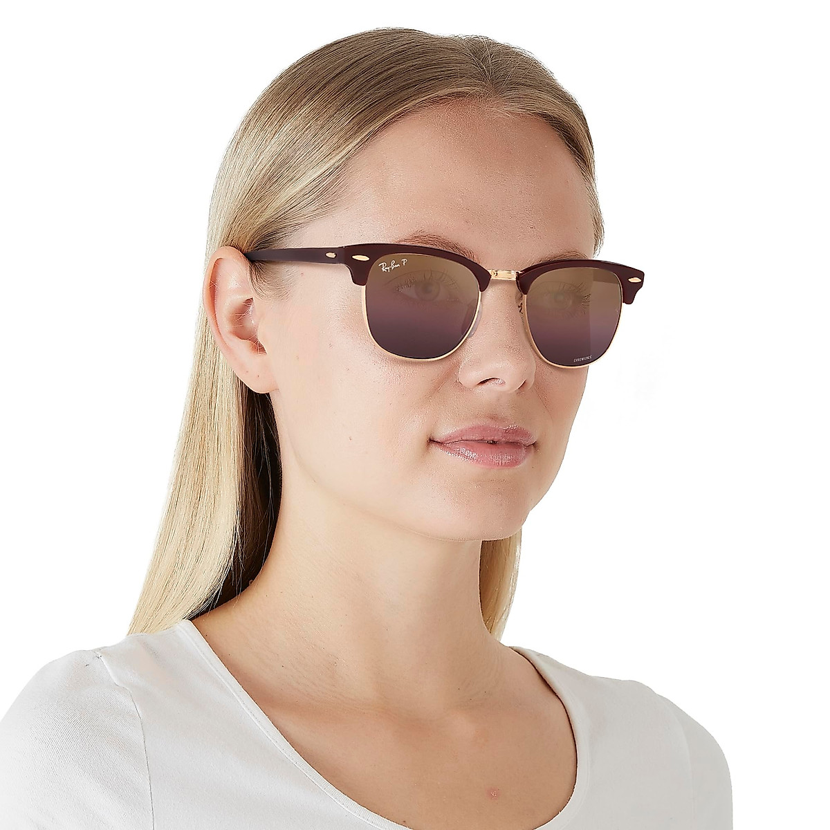 Ray-Ban RB3016F Clubmaster Low Bridge Fit Square Sunglasses, Bordeaux on Rose Gold/Polarized Red, 55 mm