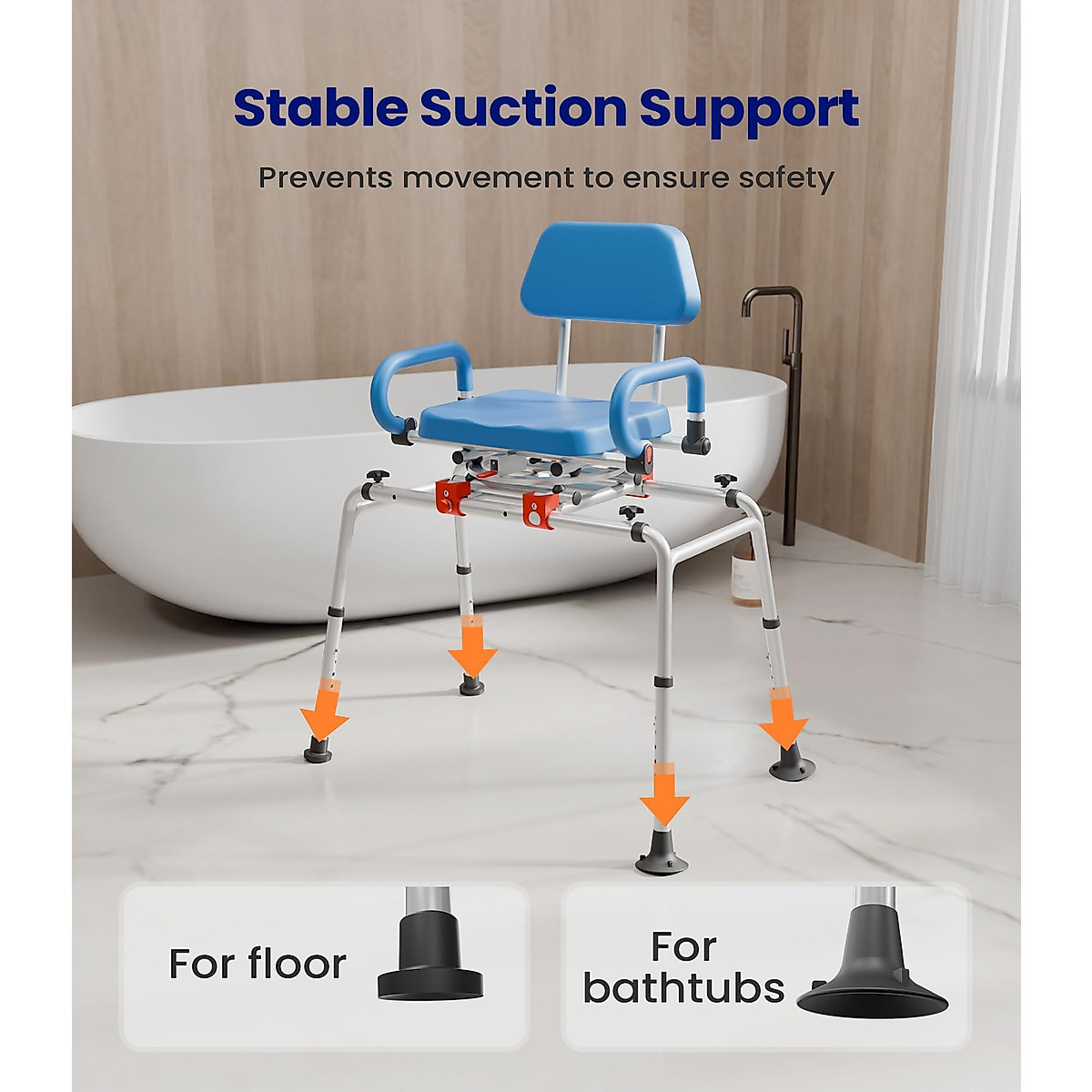 VOCIC Sliding Shower Chair, Swivel Tub Transfer Bench, Adjustable Height Shower Bench for Elderly, Bath Bench with Armrests & Swivel Padded Seat