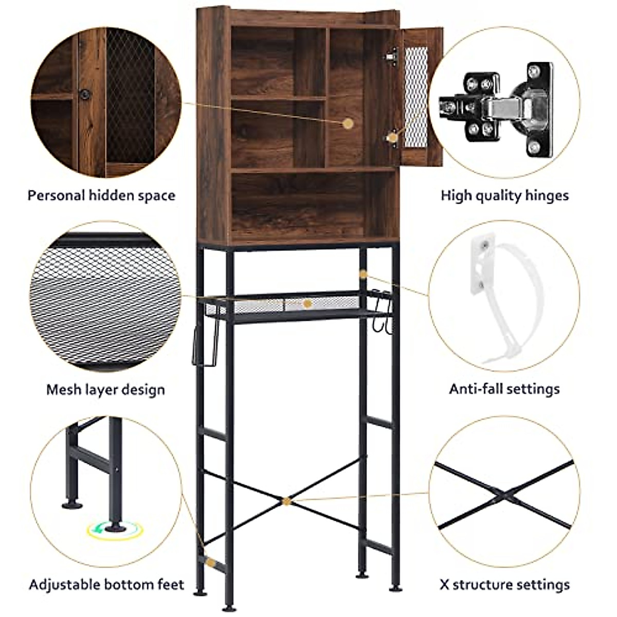 Labonida Over The Toilet Storage Cabinet - 5-Tier Freestanding Bathroom Organizer - Retro Space Saver Toilet Shelf - Multi-Function Display Shelves with Door