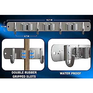 NATIKON Mop and Broom Holder Wall Mount with 3 Racks and 4 Hooks Stainless Steel Tool Organizer Storage Wall Mounted, 2 Pack