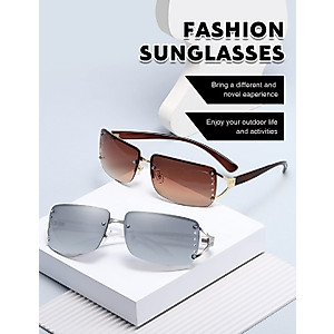 MASDUN Stylish Rimless Frameless Rectangle Sunglasses for Womens Surrounded designer trendy men (White Frame White Silver Lens/Brown Frame Brown Lens)