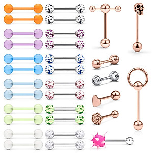 SCERRING 14G Tongue Rings Stainless Steel Rose Skull Bioflex Flexible Acrylic Tongue Nipple Ring Body Piercing Jewelry Retainer 32PCS Rose Gold