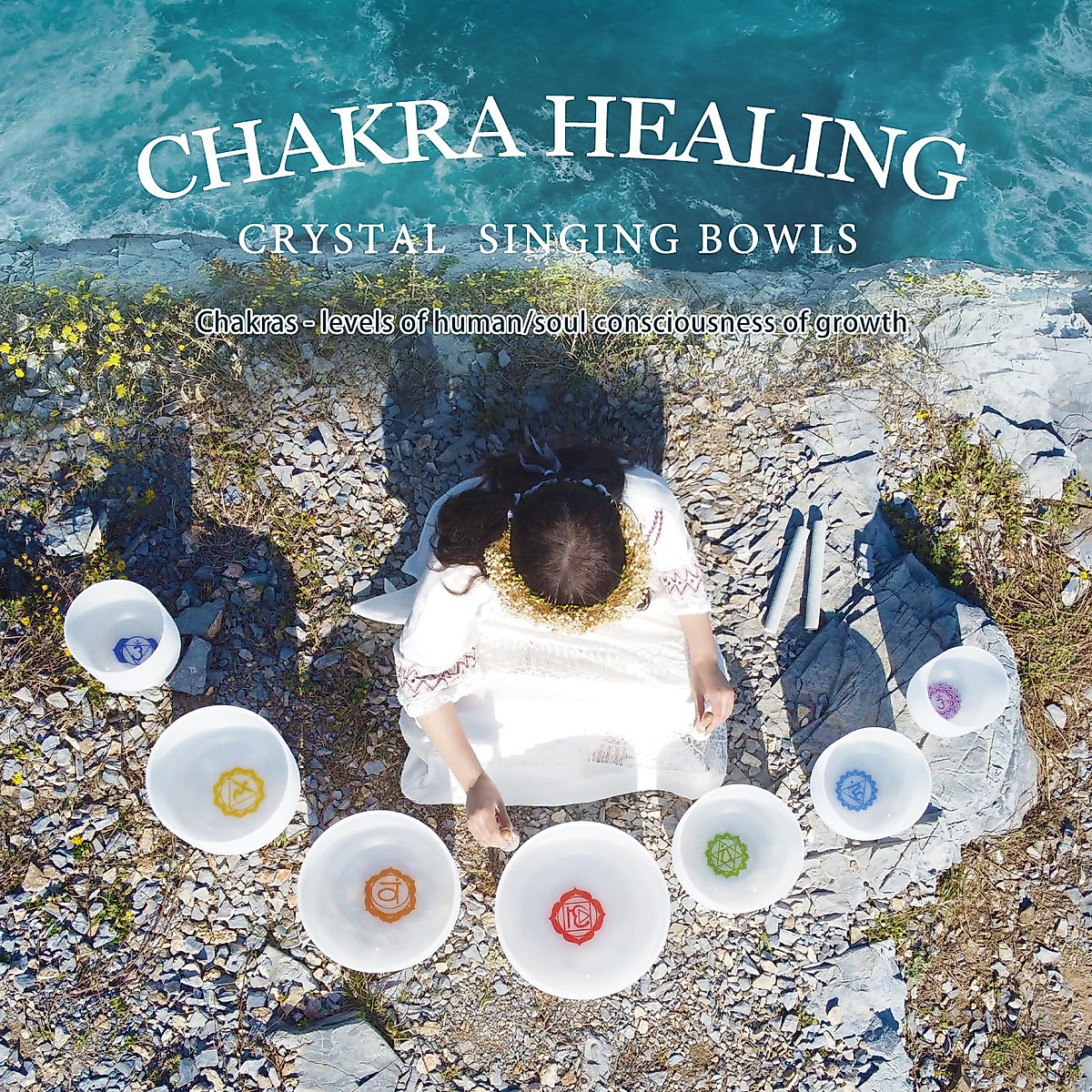 440HZ 6"-12" Set of 7 Paternoster Frosted Quartz Crystal Singing Bowls with 2 Pcs Carrier Bags