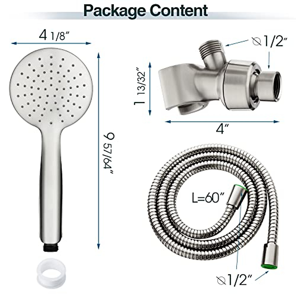 BRIGHT SHOWERS High Pressure Handheld Shower Head Set, Hand Held Showerhead with 60 Inch Flexible Shower Hose and Adjustable Shower Arm Mount Bracket, Detachable Shower Wand, Brushed Nickel