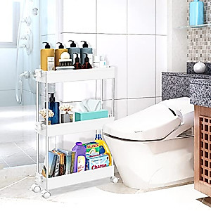 SPACEKEEPER Slim Storage Cart, 3 Tier Bathroom Storage Organizer Rolling Utility Cart Mobile Shelving Unit Slide Out Storage Tower Rack for Kitchen Laundry Narrow Places, White, 2 Pack