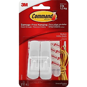 Command Medium Utility Hooks, Damage Free Hanging Wall Hooks with Adhesive Strips, No Tools Wall Hooks for Hanging Christmas Organizers, 2 White Hooks and 4 Command Strips