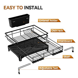 Laveshop Dish Drying Rack - Expandable Dish Rack, Large Capacity Dish Drainer for Kitchen Counter, Rust-Proof with Utensil Holder, Black