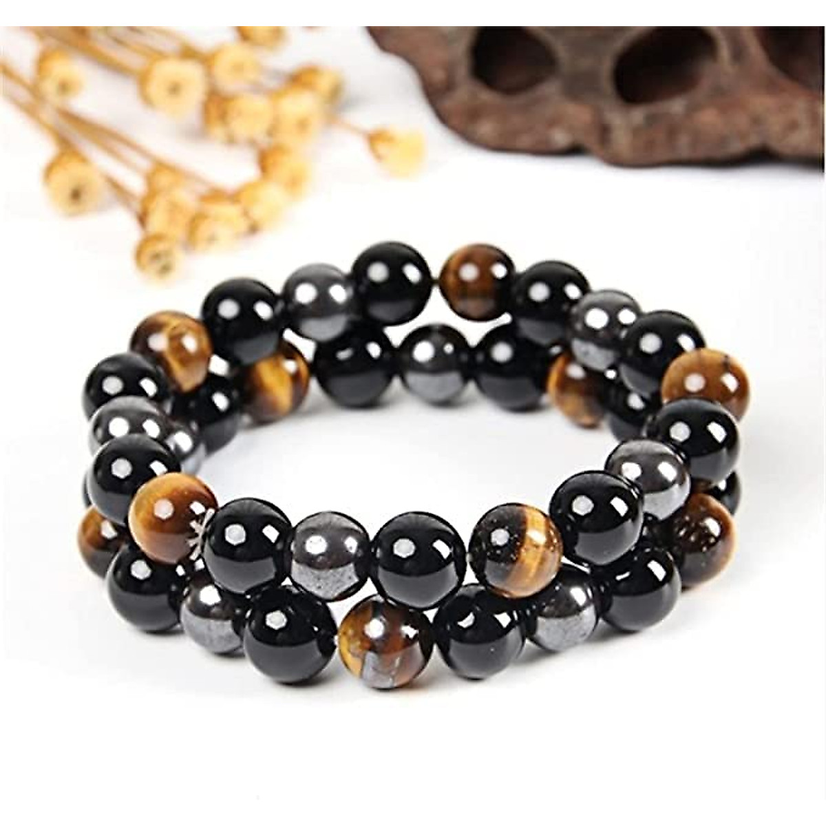 WFJ Black Obsidian Hematite Triple Protection Bracelet Tiger Eye Beads Bracelets for Men and women（10MM）, Set of 2 black,gray 19cm