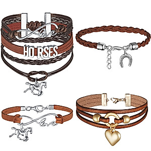 Bonuci 4 Pieces Horse Bracelet Horse Party Favors Infinity Bracelet Horse Charm Handmade Leather Horse Bracelet Adjustable Jewelry (Cute Style)