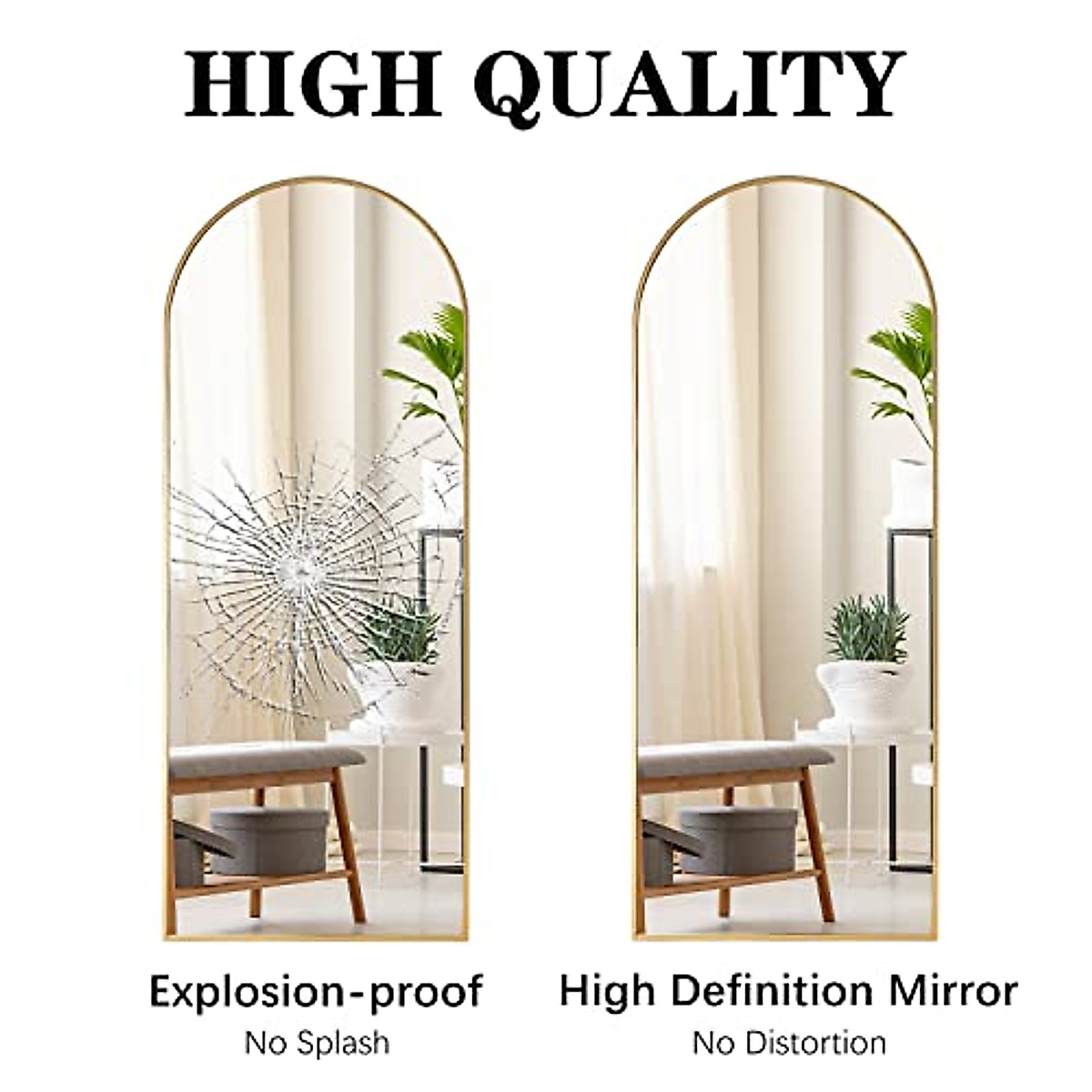 LFT HUIMEI2Y Arched Full Length Mirror, 65"x23.6" Full Body Mirror with Stand or Leaning Against Wall,Mirror with Aluminum Alloy Frame for Bedroom or Living Room, Gold
