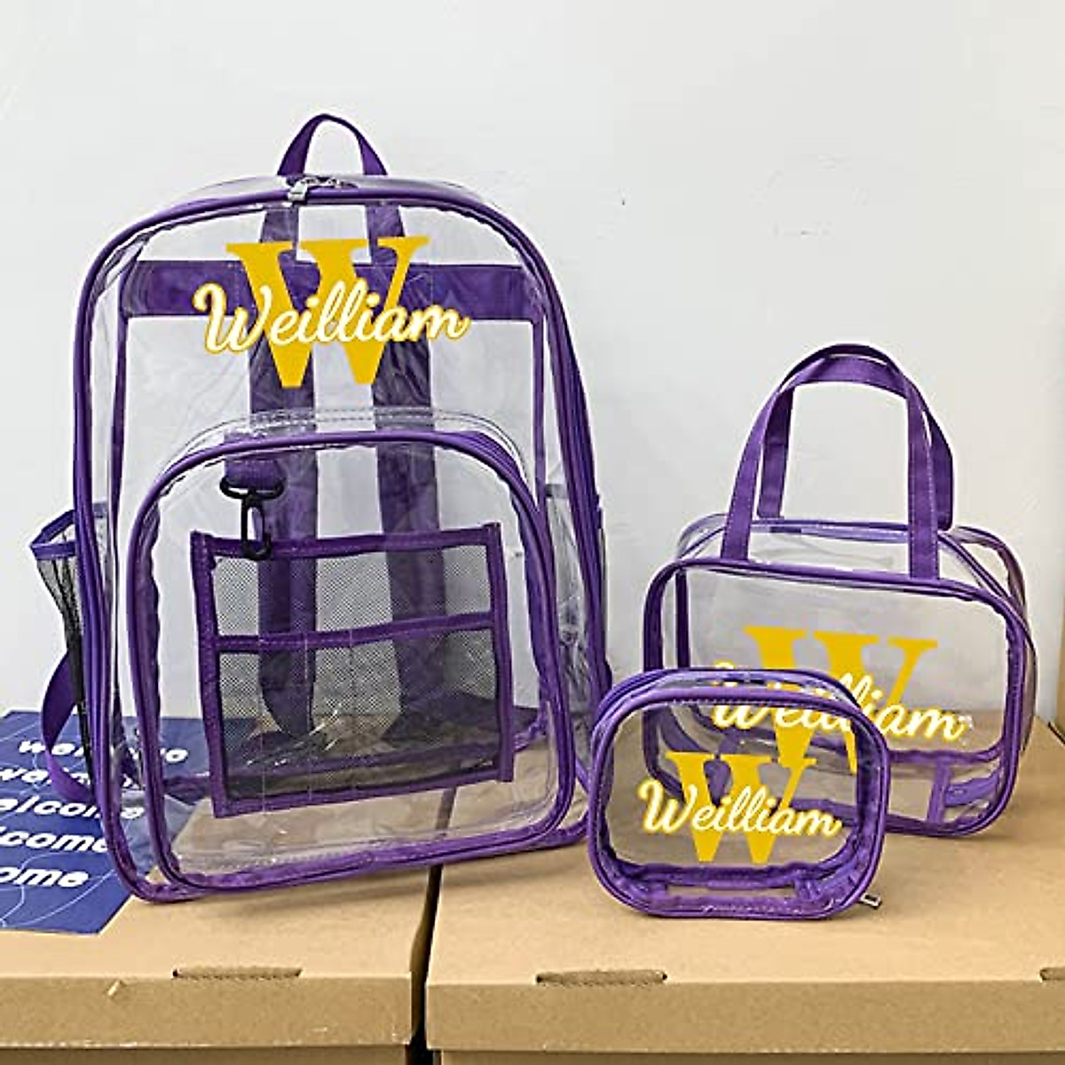 Arisaniasion Custom 3PCS Clear Backpack, Custom Name See Through Bookbags Transparent Backpack, Lunch Box Bag and Penecil Case Set(#2Black-3Pcs)