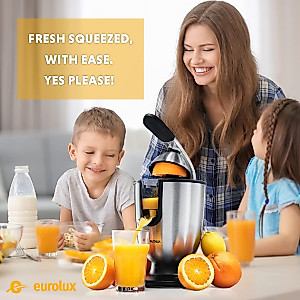 Eurolux Electric Citrus Juicer Squeezer, for Orange, Lemon, Grapefruit, Stainless Steel 160 Watts of Power Soft Grip Handle and Cone Lid for Easy Use (ELCJ-1700S)