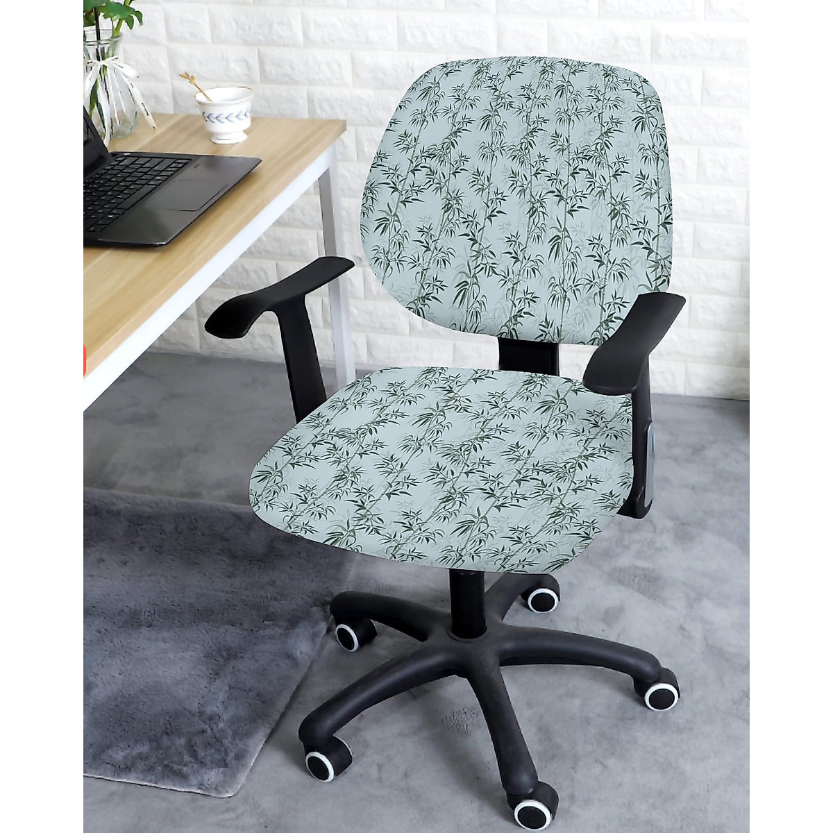 Double Love Vintage 2 Pieces Computer Office Chair Covers Set, Stretchable Desk Rotating Chair Seat Cushion Slipcover Back Covers, Decorative Protectors Cover Chinese Japanese Botanical Leaves Plant