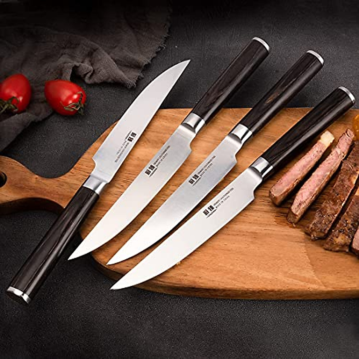CHUZHEN Steak Knives Set of 4, Kitchen Steak Knife 5 Inch, High Carbon Stainless Steel, Non-serrated Blade, Pakkawood Handles, Dinner Knives with Gift Box