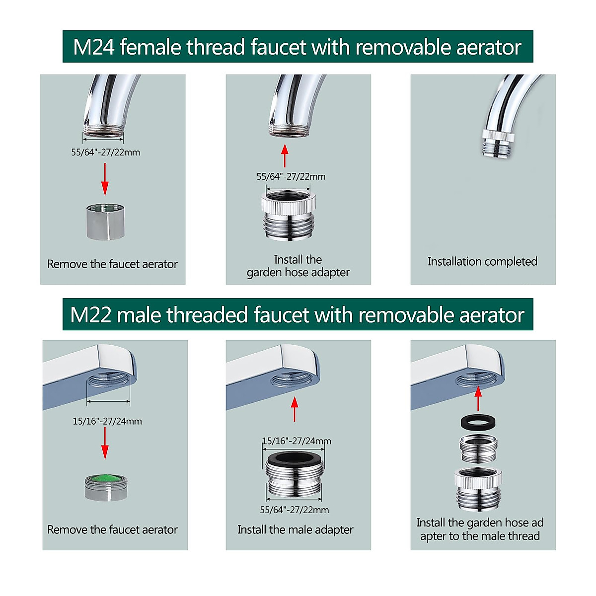 SNUTUYA Faucet Adapter with Aerator, Sink Faucet to Garden Hose Adapter, Faucet Adapter to Garden Hose for Kitchen and Bathroom, hose attachment to sink，3/4" GHT Thread Chrome.