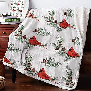 Yunnist-Store Cozy Sherpa Fleece Throw Blanket Cardinal Birds with Pine Cones Leaves Super Soft Plush Microfiber Throws, Christmas Warm Fuzzy Blankets for Bed Sofa Couch Decor