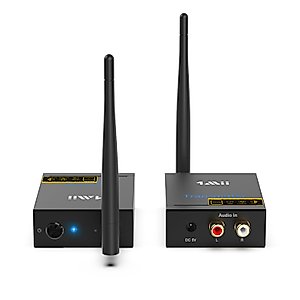 1Mii 2.4Ghz Wireless Audio Transmitter Receiver for TV, 320ft Long Range 20ms Low Delay 192kHz/24bit HiFi Audio, Wireless Adapter Kit for Subwoofer/Powered Speaker/Stereo/Soundbar, RCA(3.5mm)Out/input