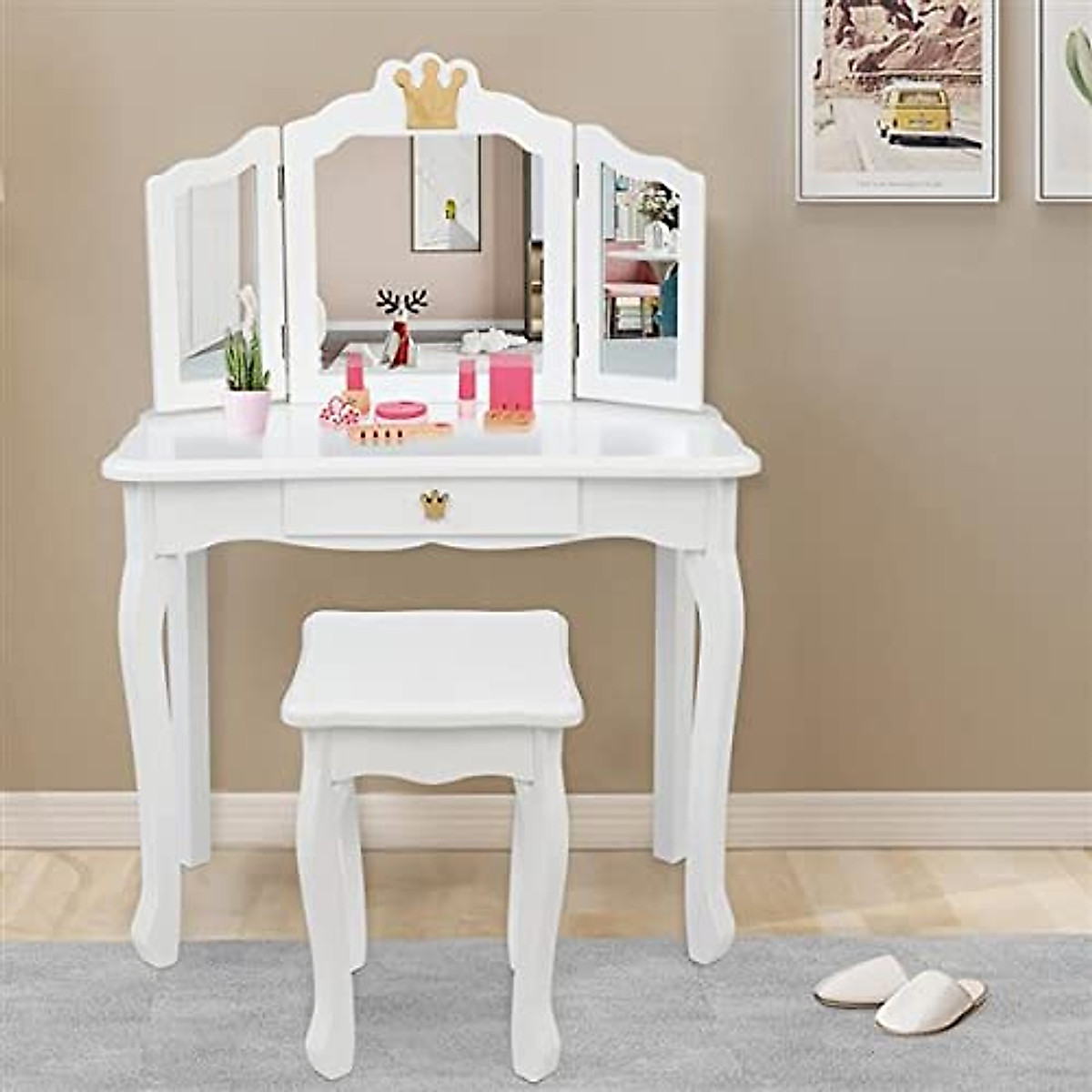 Children's Princess Dressing Table,Princess Dressing Table with Drawers and Tri-fold Mirror,Children's Dressing Table with Chair Set, Detachable Top Study Table,White