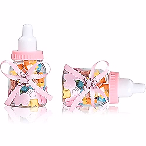 MACTING 2 Dozens 3.5 Inch Feeding Bottle Candy Box with 5 Pcs Artificial Flower Rose for Baby Shower Favor Gift Decoration (Pink)