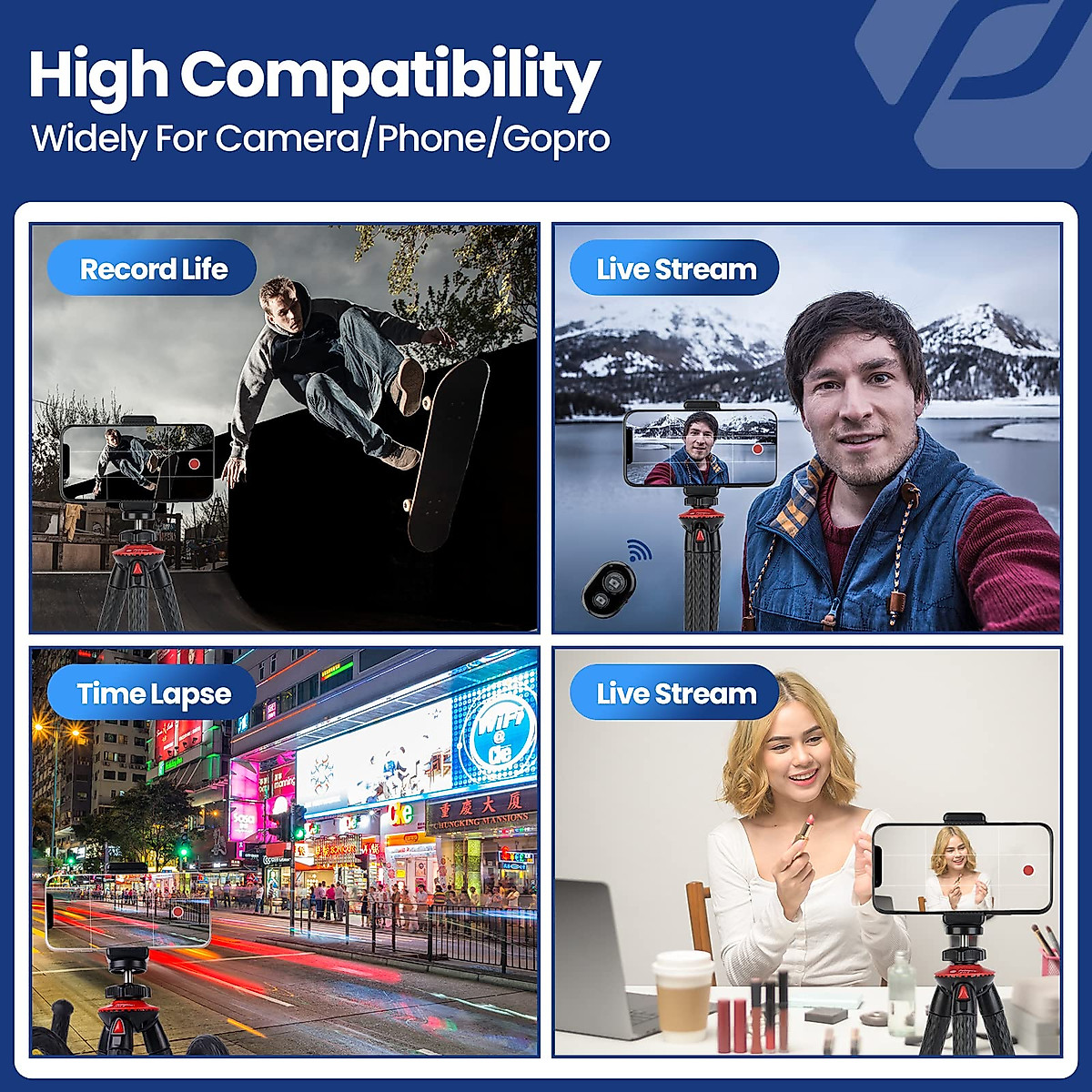 Tripod for iPhone, Fotopro Flexible Camera Tripod with Remote for iPhone 15, Waterproof and Anti-Crack Phone Tripod Stand Portable Travel Tripod for Live Streaming Vlogging Video