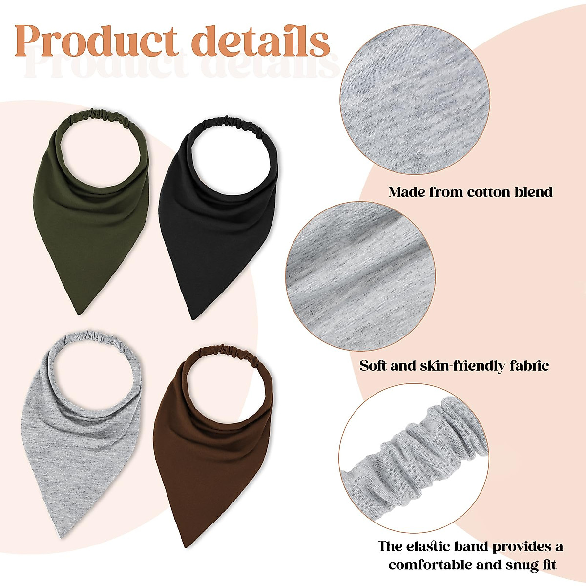 Gjinxi Elastic Scarf Headband 4Pcs Triangle Bandana 13 Inch Large Boho Head Scarves Non Slip Headpiece Summer Hair Kerchief Wraps Solid Color Stretch Hair Accessories Fit Teen Girls Travel Party