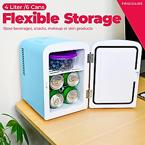 FRIGIDAIRE Curtis EFMIS151 Mini Portable Compact Personal Fridge Cools & Heats, 4 Liter Capacity, 6 Cans, Makeup, Skincare, Freon-Free & Eco Friendly, Includes Home Wall Plug, Blue