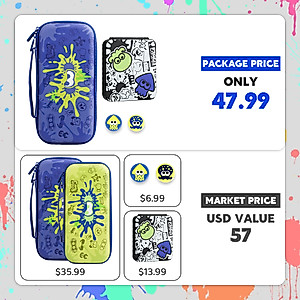 GLDRAM Carrying Case Bundle for Nintendo Switch and Switch OLED, Theme for Splatoon 3 Travel Case for Switch, Carrying Accessories Kit with Game Case, Thumb Grip Caps