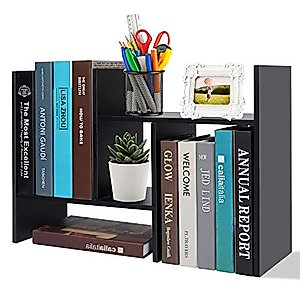 Hossejoy Adjustable Desktop Bookshelf Office Organizer Desk Storage Organizer Display Shelf Rack, Counter Top Bookcase, Black