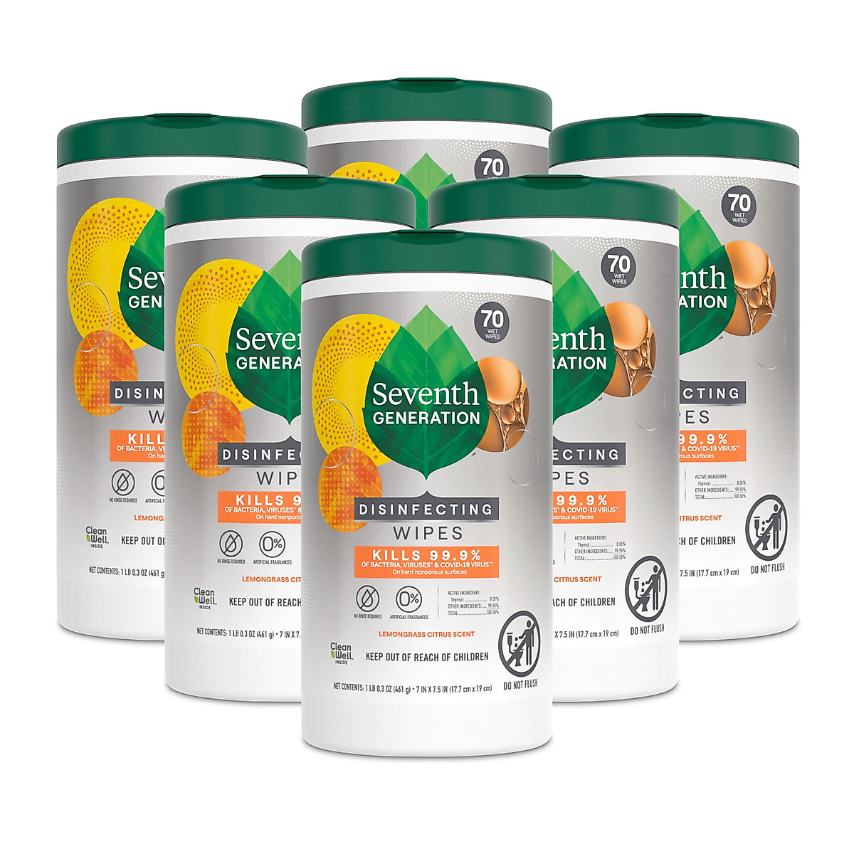 Seventh Generation Disinfecting Multi Surface Wipes, Botanical Disinfectant, 70 Count, Pack of 6