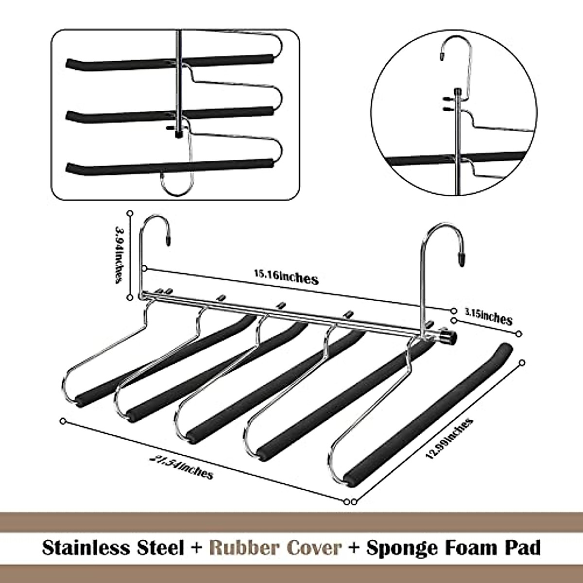 CINKSY Space Saving Pants Skirt Hanger 5 in 1 Pants Jeans Hangers with Non-Slip Foam Padded Metal Skirt Hanger with Adjustable Clips