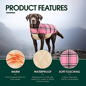 Kuoser Warm Dog Coat, Reversible Dog Jacket Waterproof Dog Winter Coat British Style Plaid Dog Clothes Pet Dog Cold Weather Coats Cozy Snow Jacket Vest for Small Medium Large Dogs Pink XXL